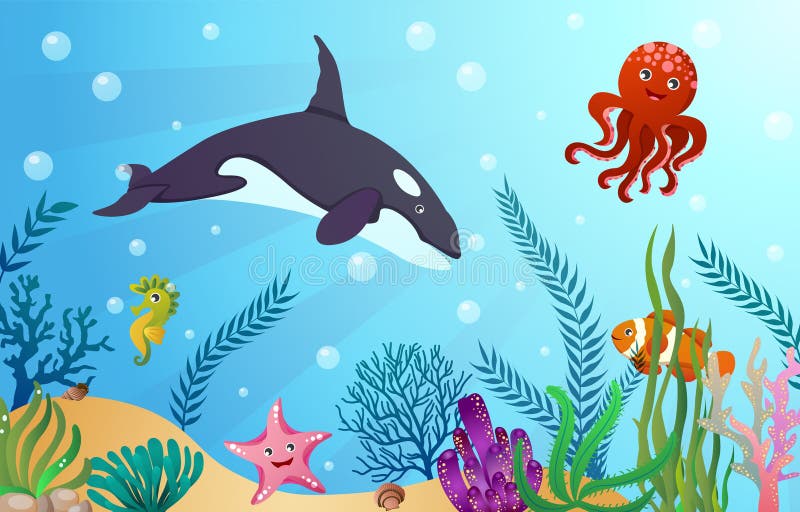 Sea Life Animals with Ocean Scene . Cartoon Style Stock Vector ...