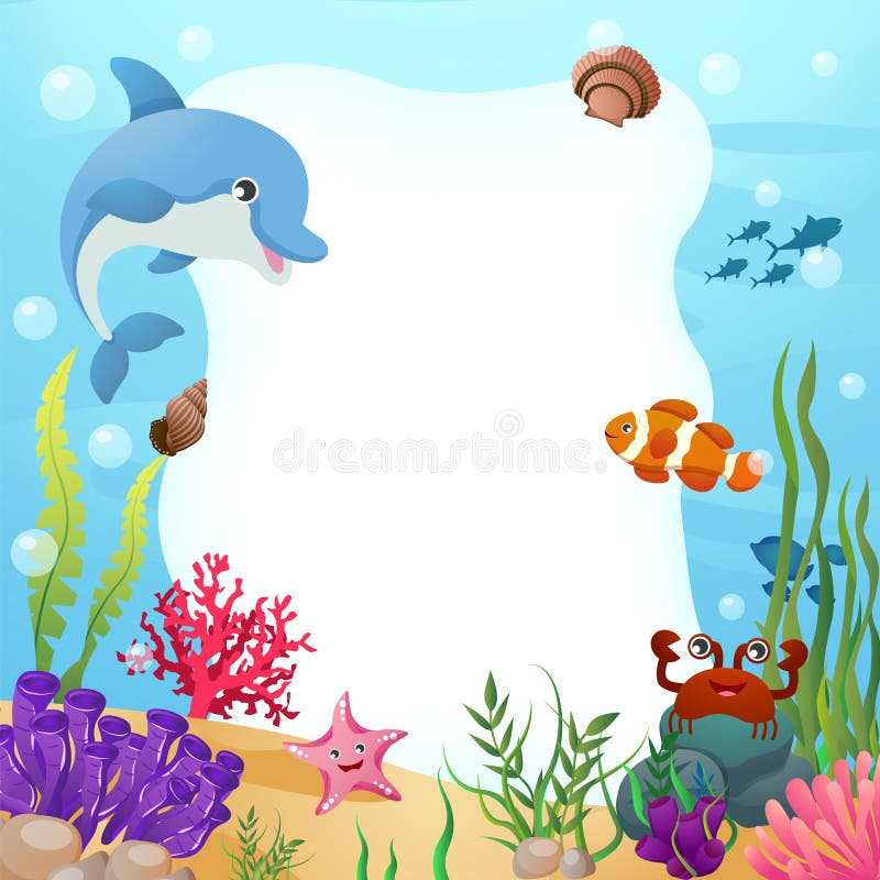 Sea Life Animals with Ocean Scene and Circular Copy Space . Cartoon ...