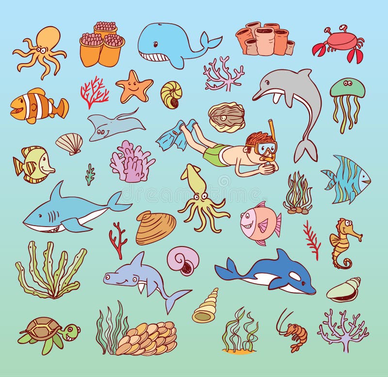 Sea Life Cartoon Doodle, Illustration Stock Vector - Illustration of ...