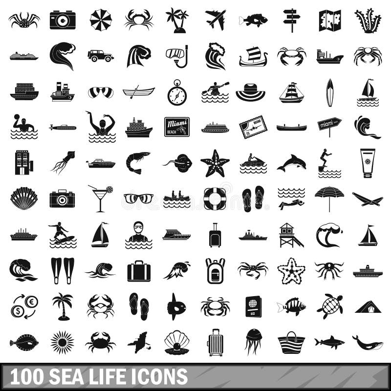 100 Sea Life Icons Set, Simple Style Stock Vector - Illustration of ...