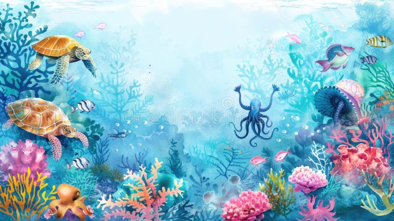 Sea Life Scene with Turtle and Octopus Stock Image - Image of wildlife ...