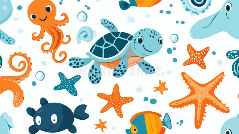 Sea Life Seamless Pattern Repeating Image with Marine Animals Stock Vector - Illustration of ...