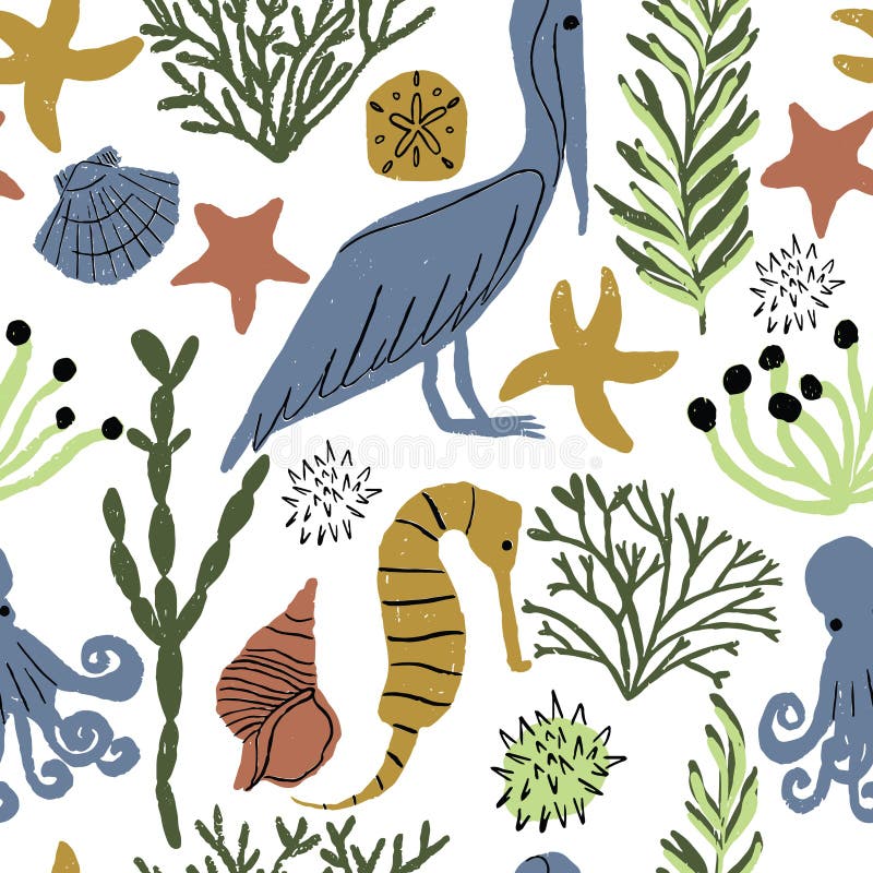 Sea Life Under Water Seamless Repeat Pattern Blue, Rust, and Gold with ...