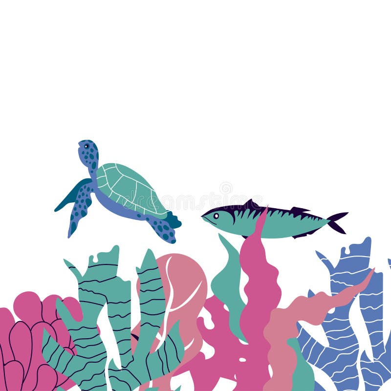 Sea Life with Underwater Algae and Fish Floating Vector Composition ...