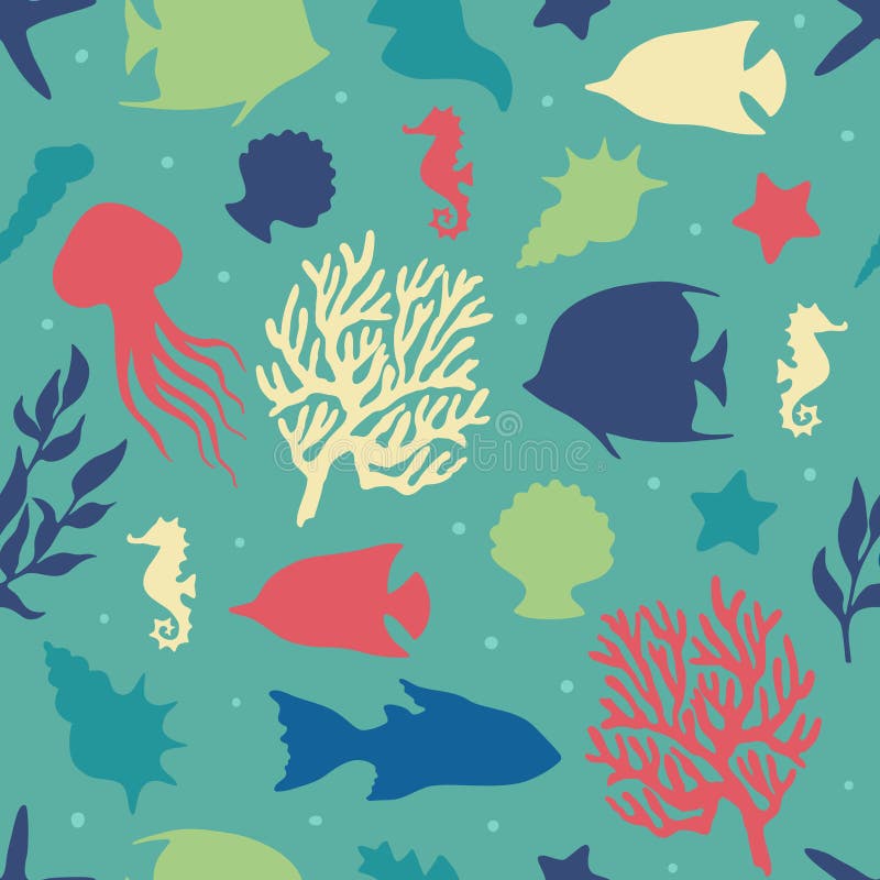 Sea Life Vector Seamless Pattern Silhouette Stock Vector - Illustration ...
