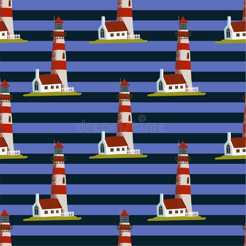 Sea Lighthouse on a Blue Background with Black Horizontal Stripes ...