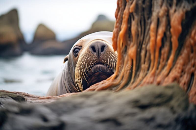 Sea Lion Peeking from Behind Coastal Rock Formations Stock Illustration ...