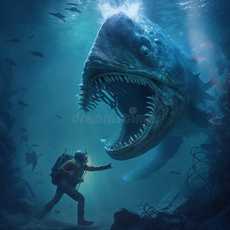 Sea Monster Attacks Diver, Fantasy Underwater Scene. Stock Illustration ...