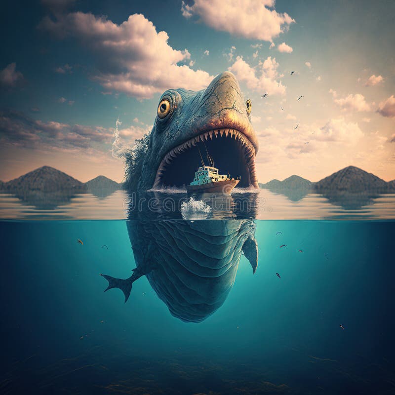 A Sea Monster Chasing Small Ship in an Ocean. Generative AI Stock ...