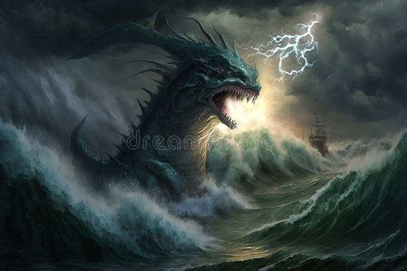 A Sea Monster Rising from the Waves, with a Stormy Sea and Lightning in ...