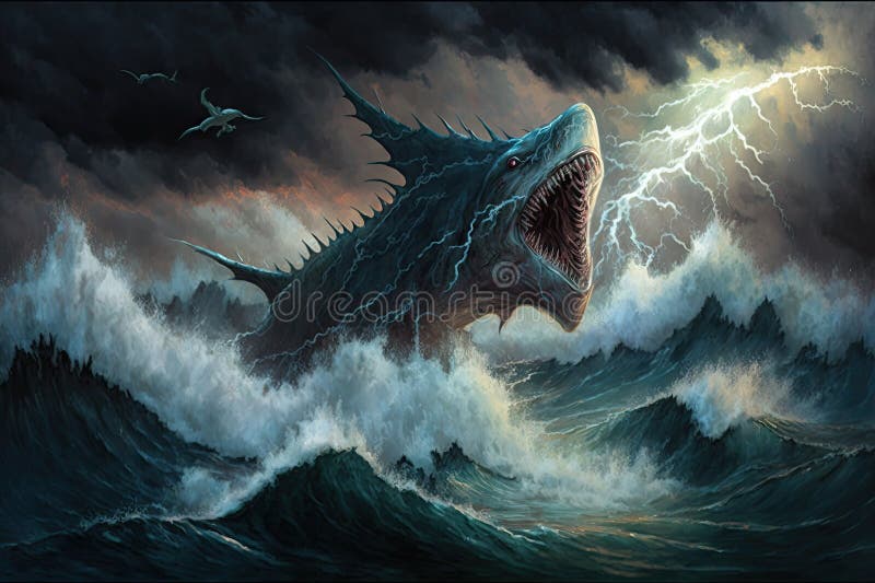 A Sea Monster Rising from the Ocean, Its Massive Jaws Opening To Reveal ...