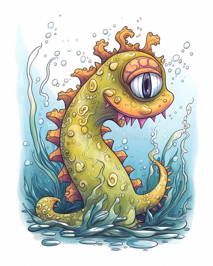 Ugly but Cute Cartoon Sea Monster, Water Color Childrens Illustration ...