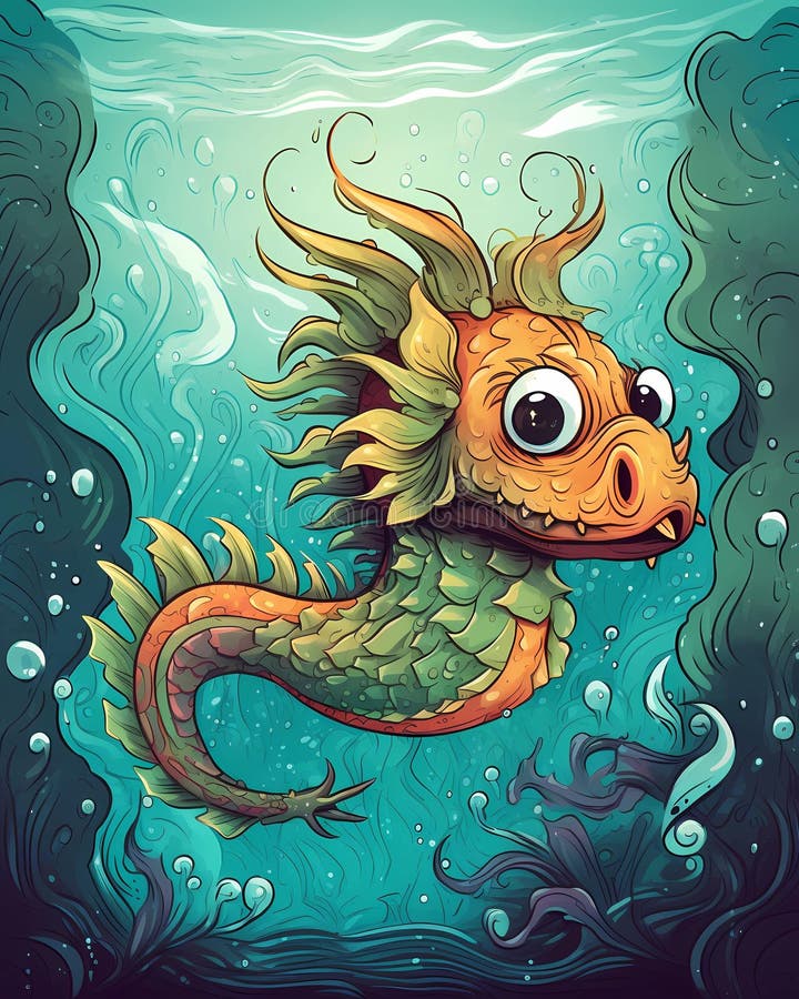 Ugly but Cute Cartoon Sea Monster, Water Color Childrens Illustration ...