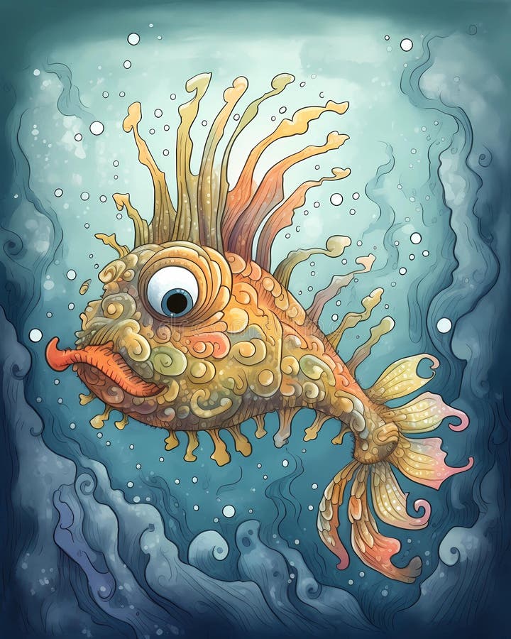 Ugly but Cute Cartoon Sea Monster, Water Color Childrens Illustration ...