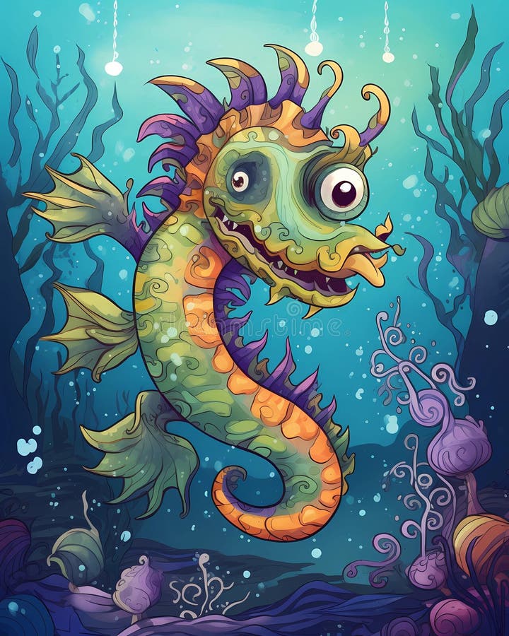 Ugly but Cute Cartoon Sea Monster, Water Color Childrens Illustration ...