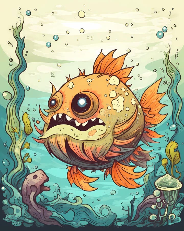 Ugly but Cute Cartoon Sea Monster, Water Color Childrens Illustration ...