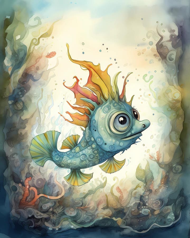Ugly but Cute Cartoon Sea Monster, Water Color Childrens Illustration ...