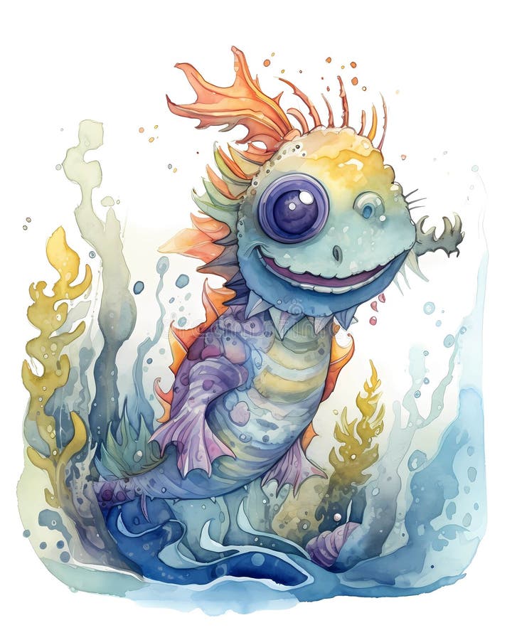Ugly but Cute Cartoon Sea Monster, Water Color Childrens Illustration ...