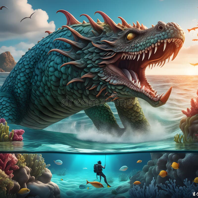 Sea Monsters, AI-generatet stock illustration. Illustration of swell ...