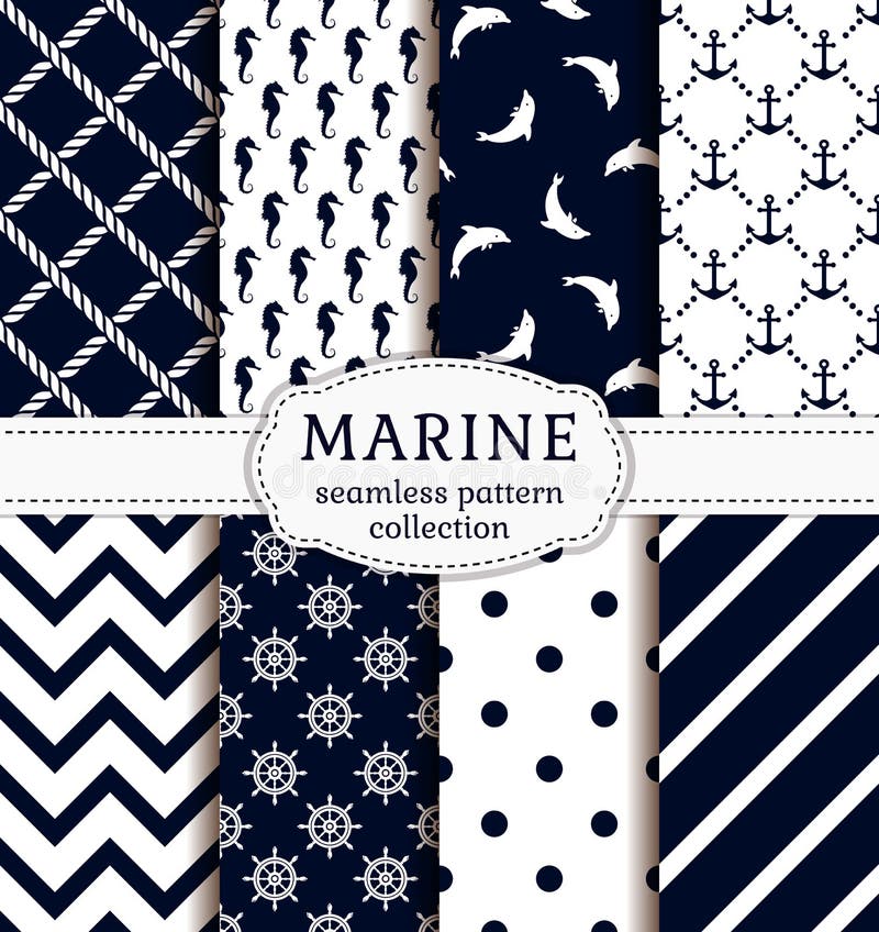 Sea and Nautical Seamless Patterns Set. Stock Vector - Illustration of ...