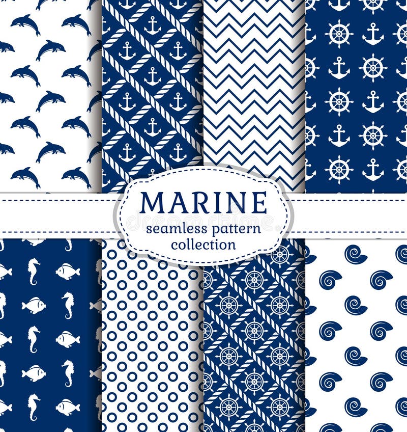 Sea and Nautical Seamless Patterns Set. Stock Vector - Illustration of ...