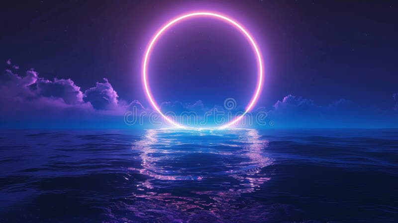 Sea Night Landscape, Neon Circle Stock Illustration - Illustration of ...