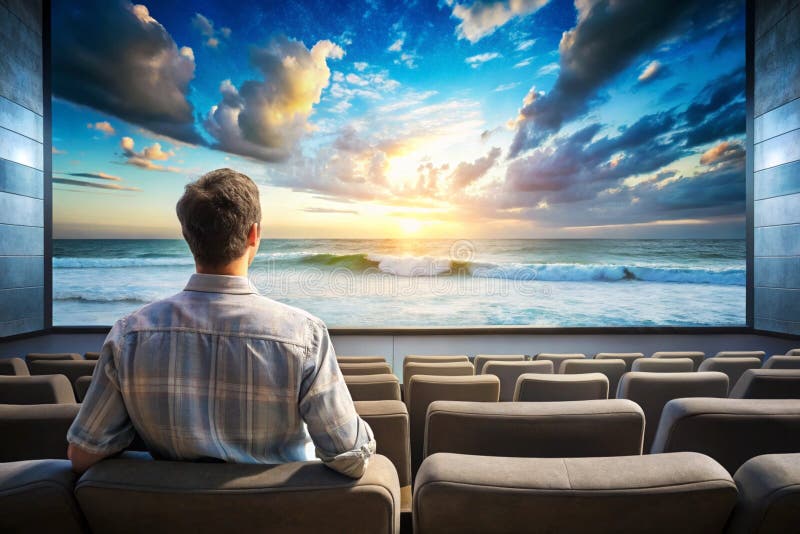 Sea or Ocean on Cinema Screen and Man Watching Stock Illustration ...