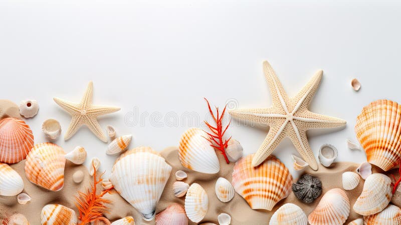 Sea Ocean Themed Horizontal Banner with Starfish, Sand, Sea Shells, Top ...