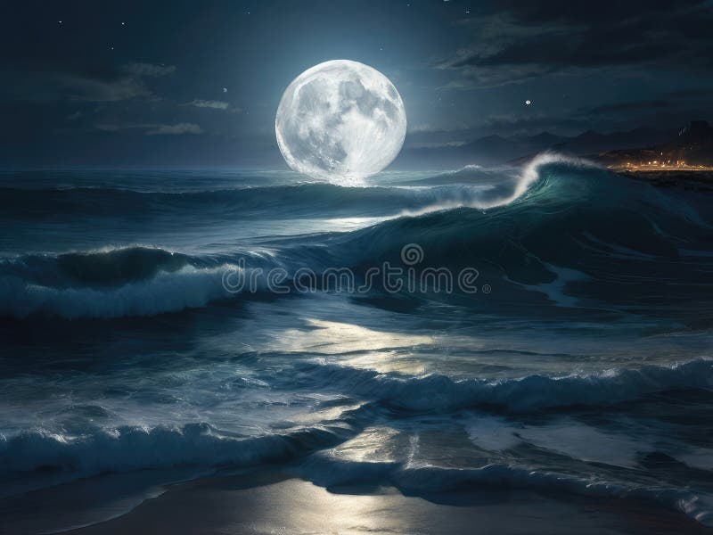 Sea or Ocean Waves. Beautiful Landscape in Moonlight Stock Photo ...