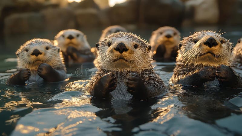 Sea Otters Swimming in a Group Stock Illustration - Illustration of ...