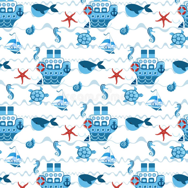 Sea pattern in flat style stock vector. Illustration of compass - 132227026