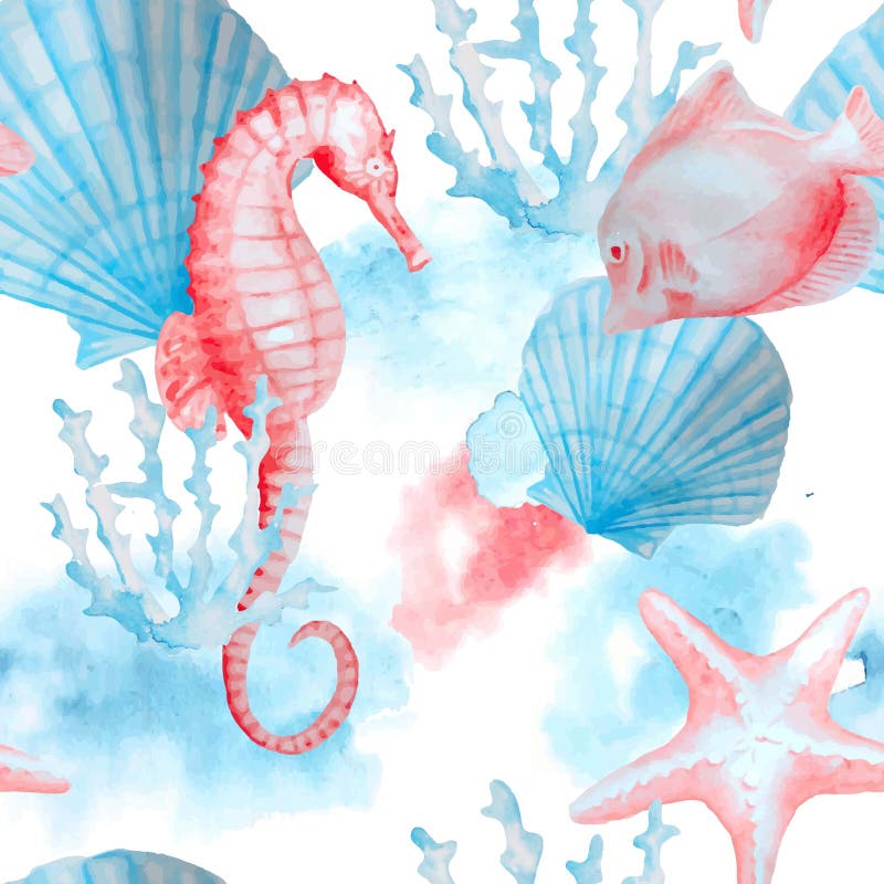 Sea Pattern with Hand Painted Watercolor Creatures. Stock Vector ...