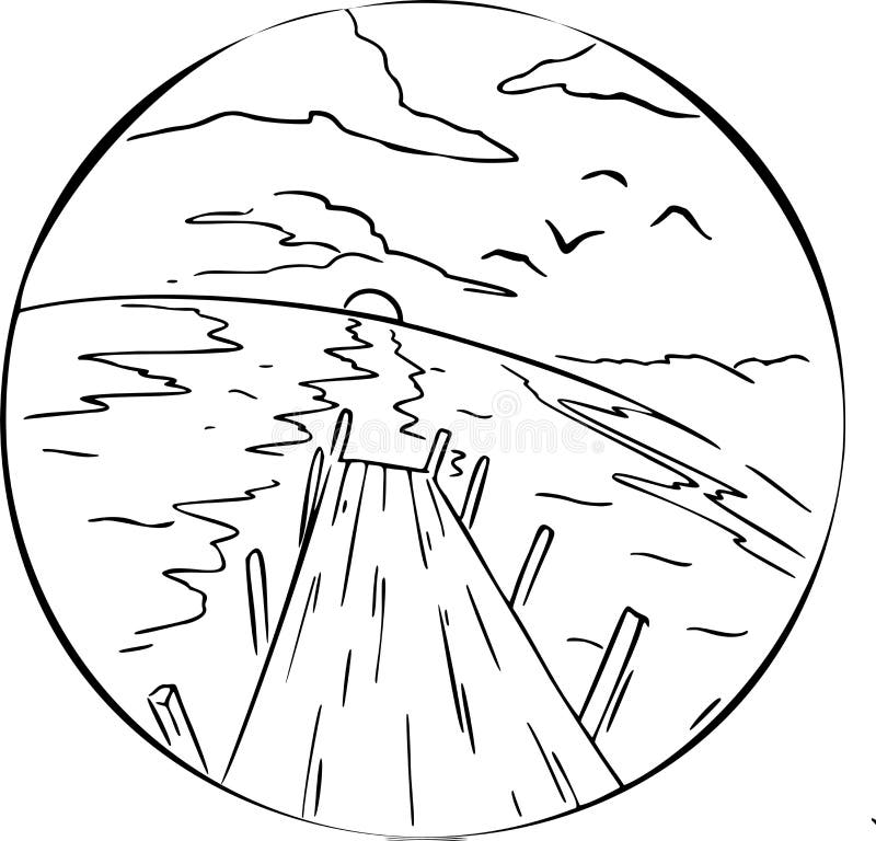 Sea Pier in the Open Sky with Clouds and Birds Hand Draw Vector ...