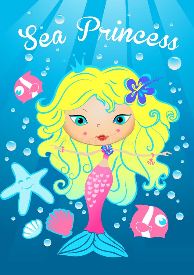Sea Princess Swimming Under the Sea Stock Vector - Illustration of cute ...