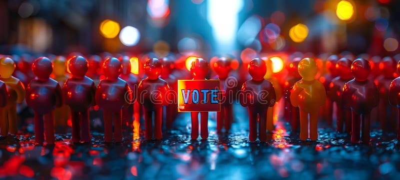 A Sea of Red Figures and a Prominent VOTE Sign in Cityscape. Visualizes ...