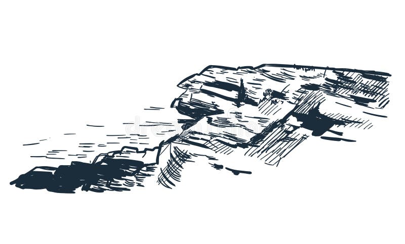 Sea Rock Cliff Vector Sketch Landscape Line Illustration Skyline Stock ...