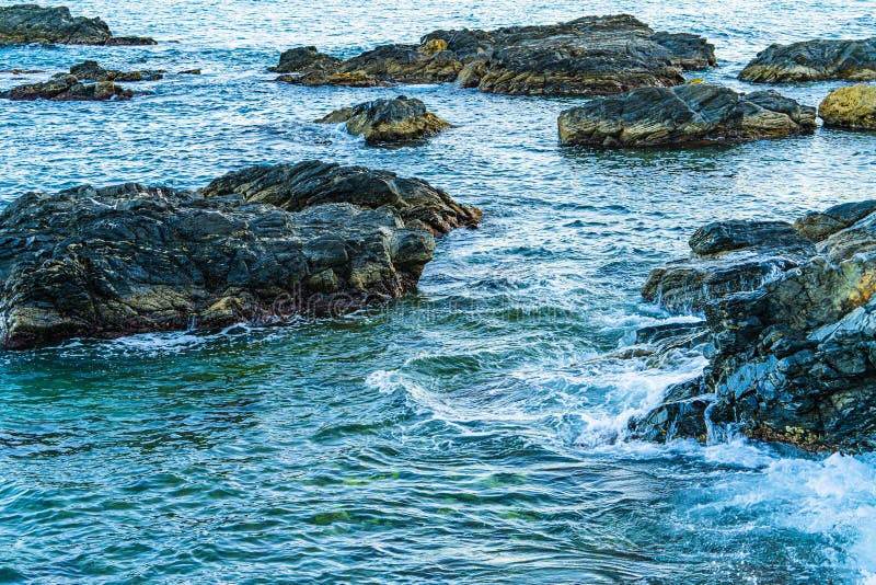 Sea with Rocky Coastline. Beach with Rocky Shore, Mediterranean Stock ...