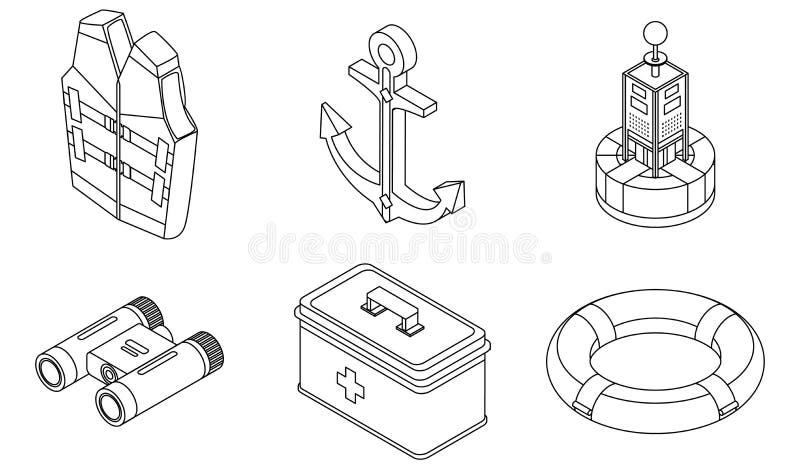 Sea Safety Icons Set Vector Outine Stock Illustration Illustration Of
