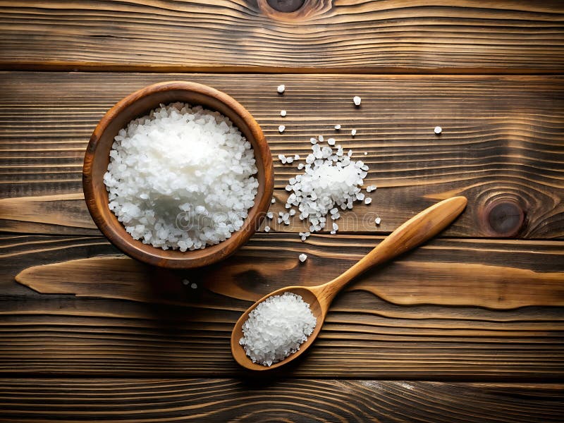 Sea Salt in Bowl and Spoon on Wooden Table Stock Illustration ...