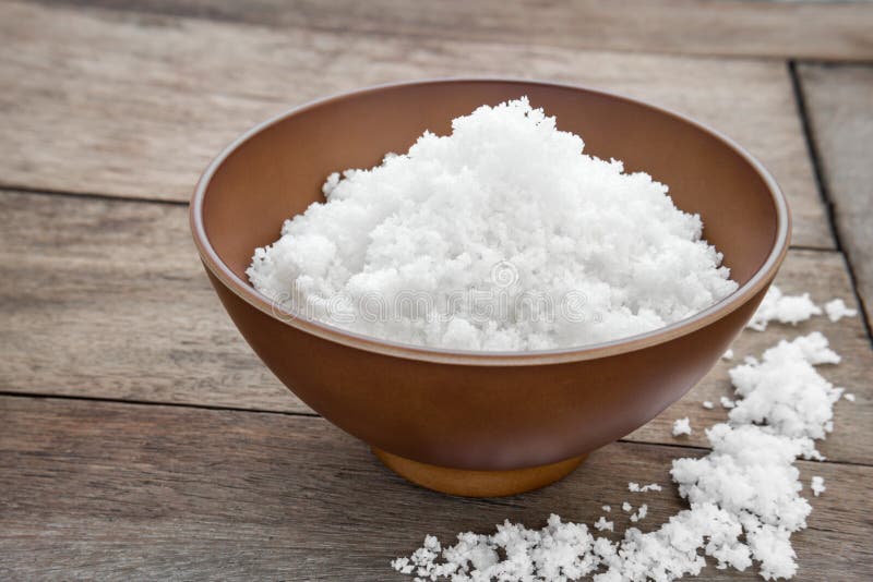 Sea Salt in Bowl on Wooden Table Stock Image - Image of table ...