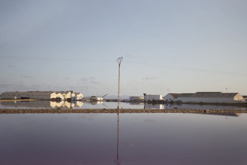 Sea salt factory at sunset stock photo. Image of business - 163829216