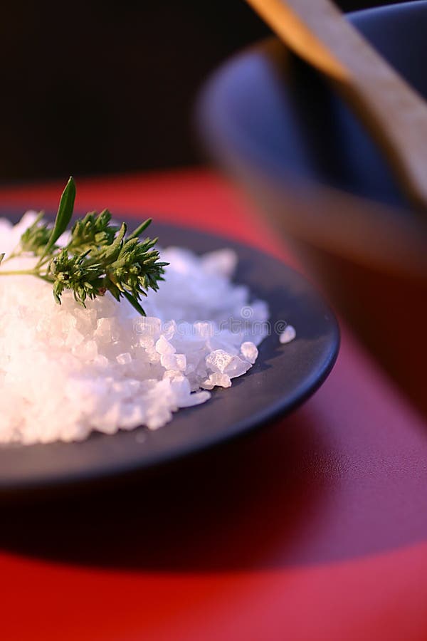 Sea Salt with Herbs on Ceramic Plate Stock Image - Image of dishes ...