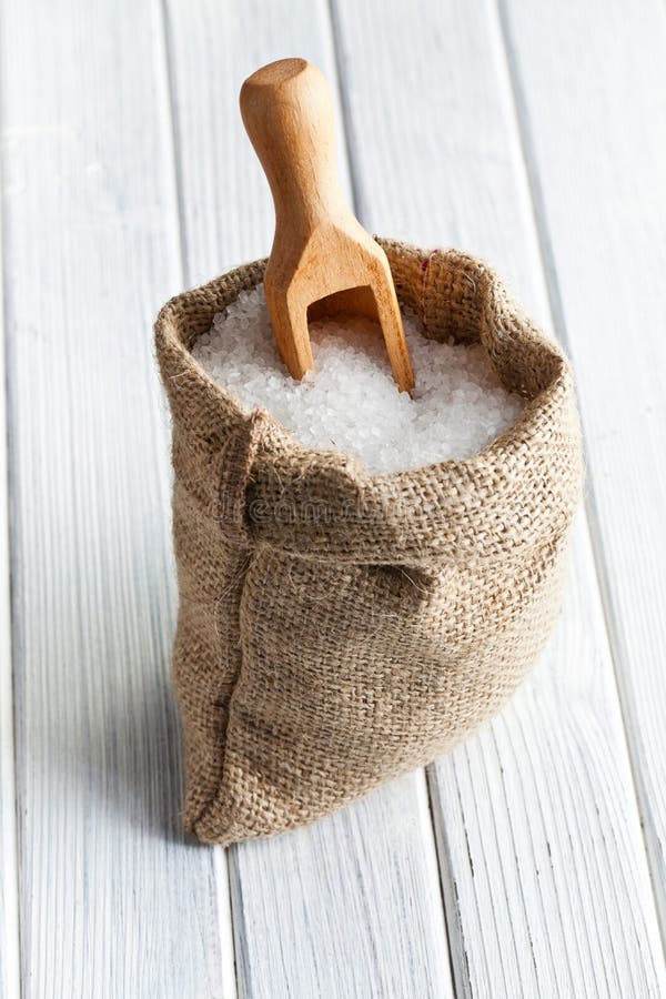 Sea salt in jute sack stock photo. Image of spice, crystals - 29025018