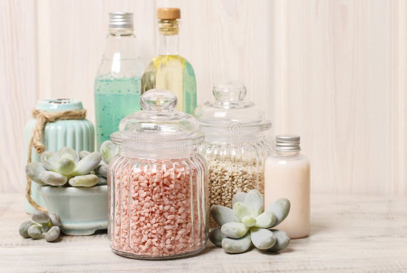 Sea Salt, Liquid Soap and Essential Oil Stock Image - Image of healthy ...