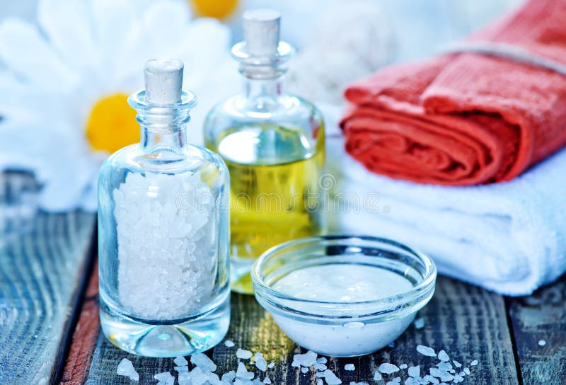 Sea Salt and Oil in Bottles Stock Photo - Image of deluxe, beauty: 53083356