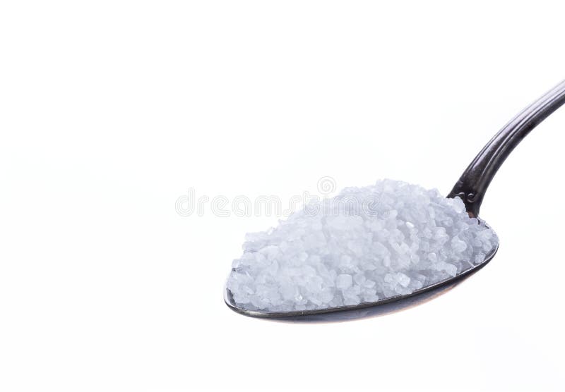 Sea Salt on Old Spoon Isolated on White Background. Stock Image - Image ...
