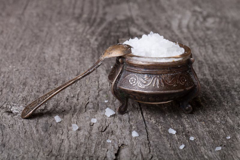 Sea Salt Old Utensils Small Spoon Wooden Table Stock Photos - Free ...