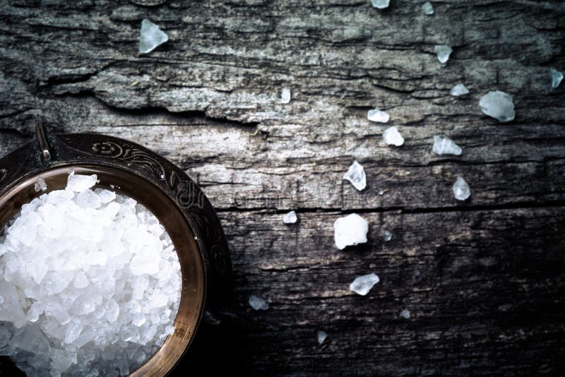 Sea Salt in an Old Utensils on Wooden Table Stock Photo - Image of ...
