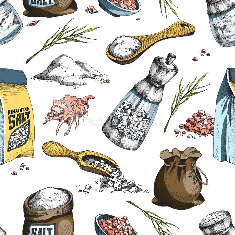 Sea Salt Seamless Pattern with Hand Drawn Engraving Elements Vector ...