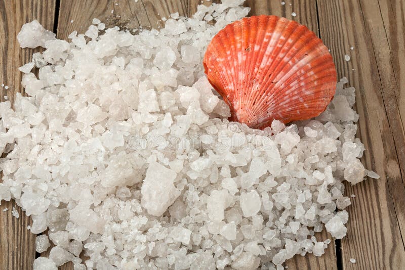 Sea Salt and Shell on a Wood Stock Image - Image of water, salt: 74696549